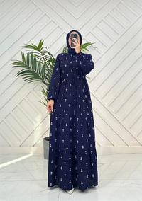 24987 K91+Pamuk Viskon Kumaş Desenli Beli Büzmeli Yarım Düğmeli Elbise - Lacivert