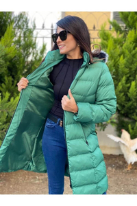 Yeşil Kapüşonlu Kürklü Mont
