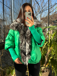 İthal Kürklü Kol Detaylı Şişme Mont Yeşil